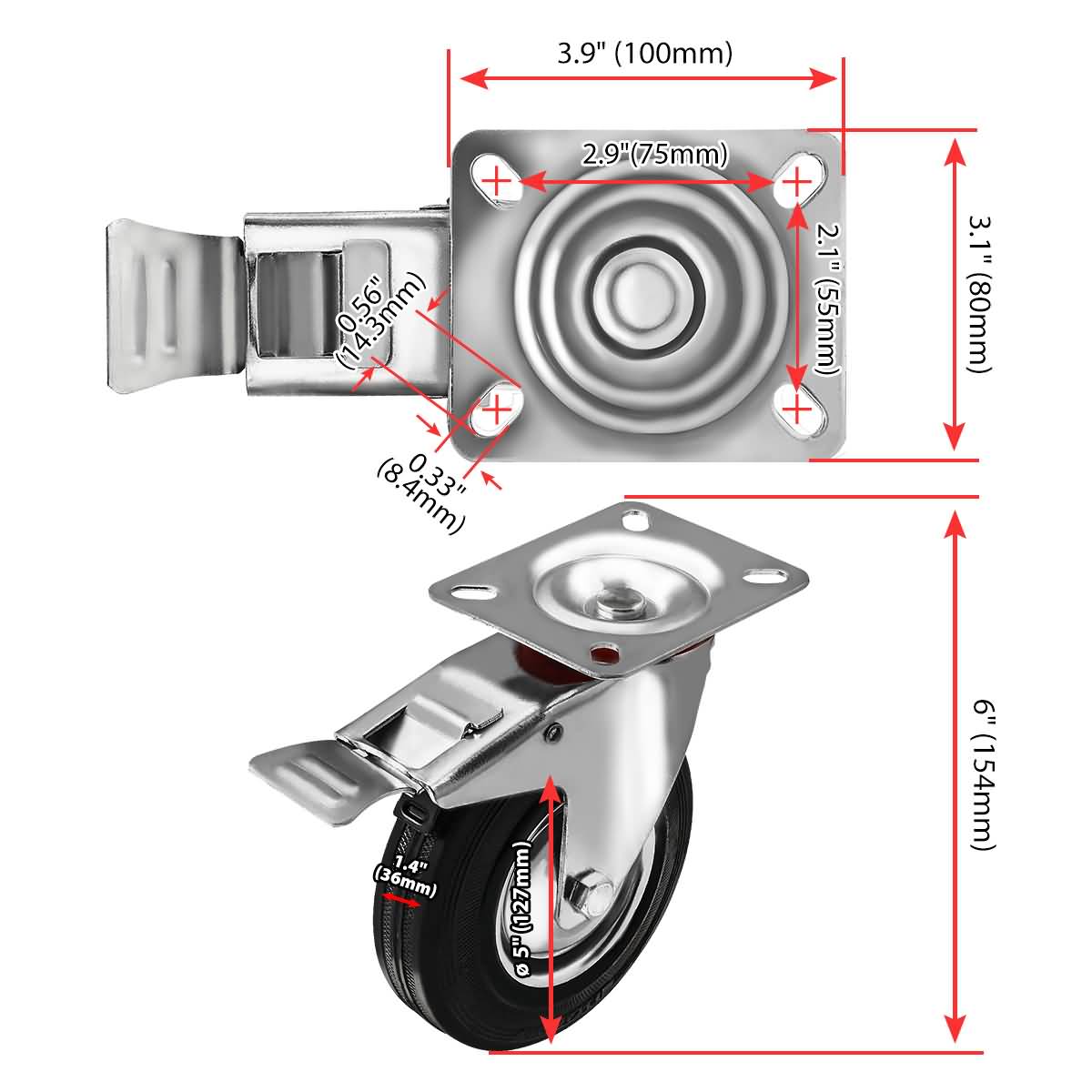 4 Pack 5 Inch Rubber Swivel Caster Wheel With Brake - Factor Duty