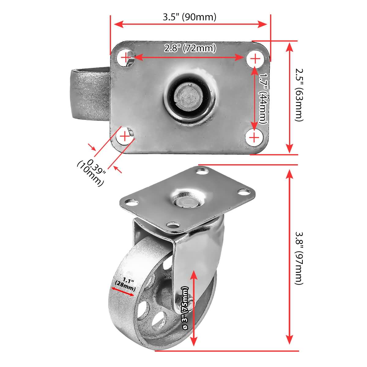 4 Pack 3 Inch All Grey Metal Swivel Wheel No Brake - Factor Duty