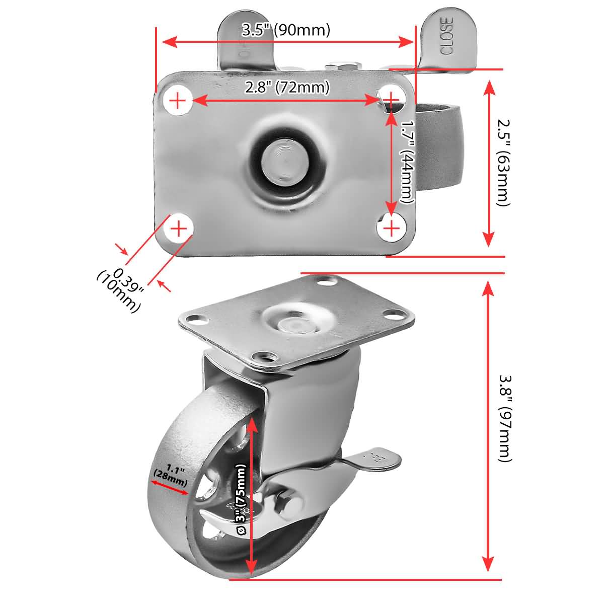 4 Pack 3 Inch All Grey Metal Swivel Wheel With Brake - Factor Duty