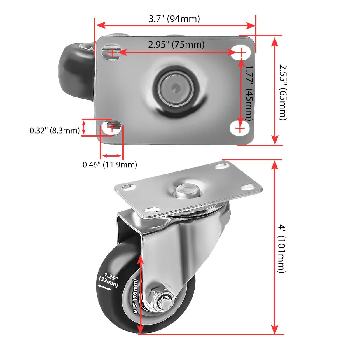 8 Pack Combo 3 inch Black PU Swivel Caster 4 No Brake & 4 Brake With ...