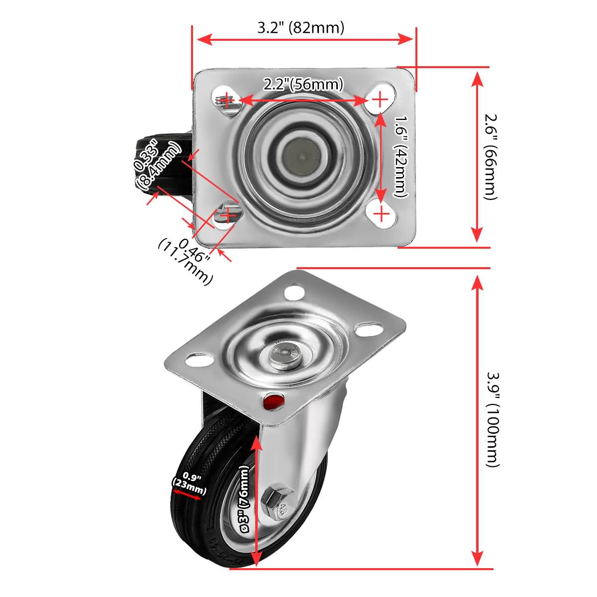 24 Pack 3 Inch Rubber Base Swivel Caster Wheels No Brake - Factor Duty
