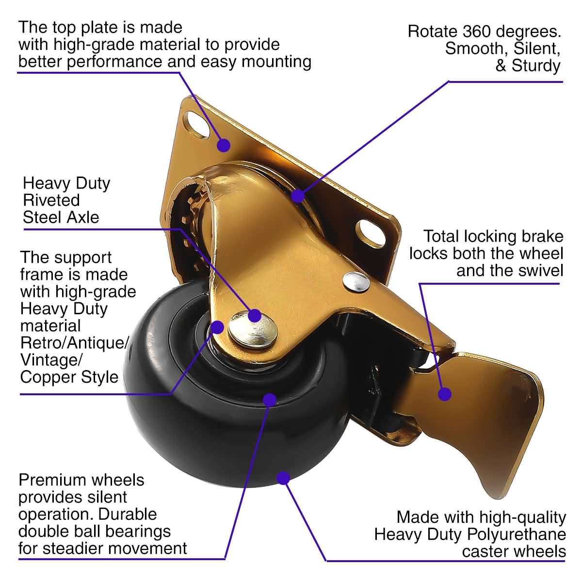 8 Pack 3 inch Antique Copper Black PU Swivel Caster With Brake - Factor ...