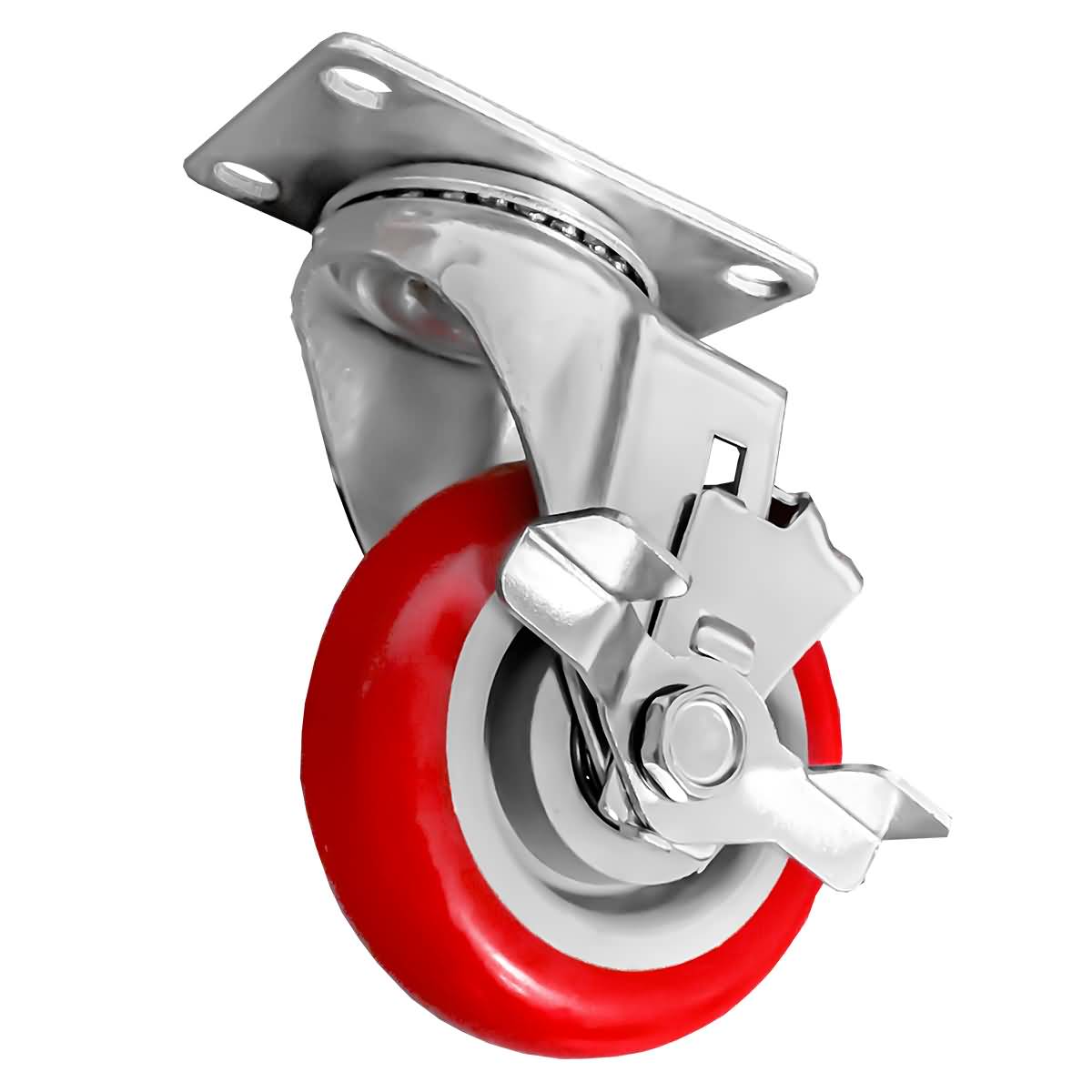 4 Pack 4 inch Red PU Swivel Caster With Side Brake - Factor Duty