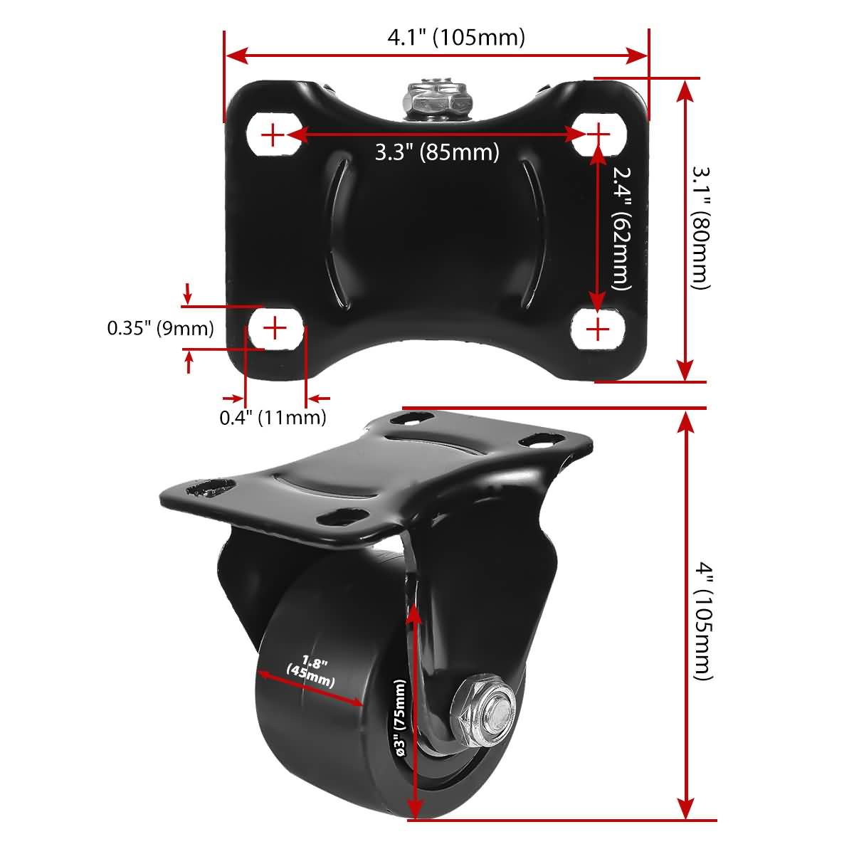 4 Pack 3 inch Black Solid PU Caster Wheel Rigid - Factor Duty