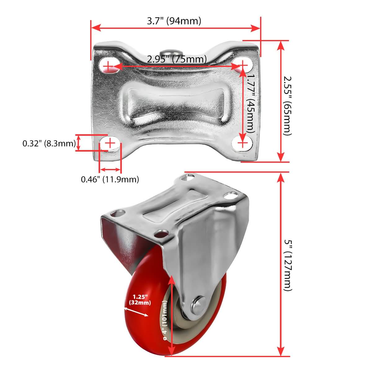 12 Pack 4 inch Red PU Non Swivel Fixed Rigid Caster - Factor Duty