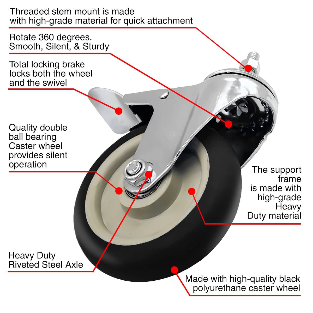4 Pack 5 inch Black PU Swivel Stem Caster With Front Brake - Factor Duty
