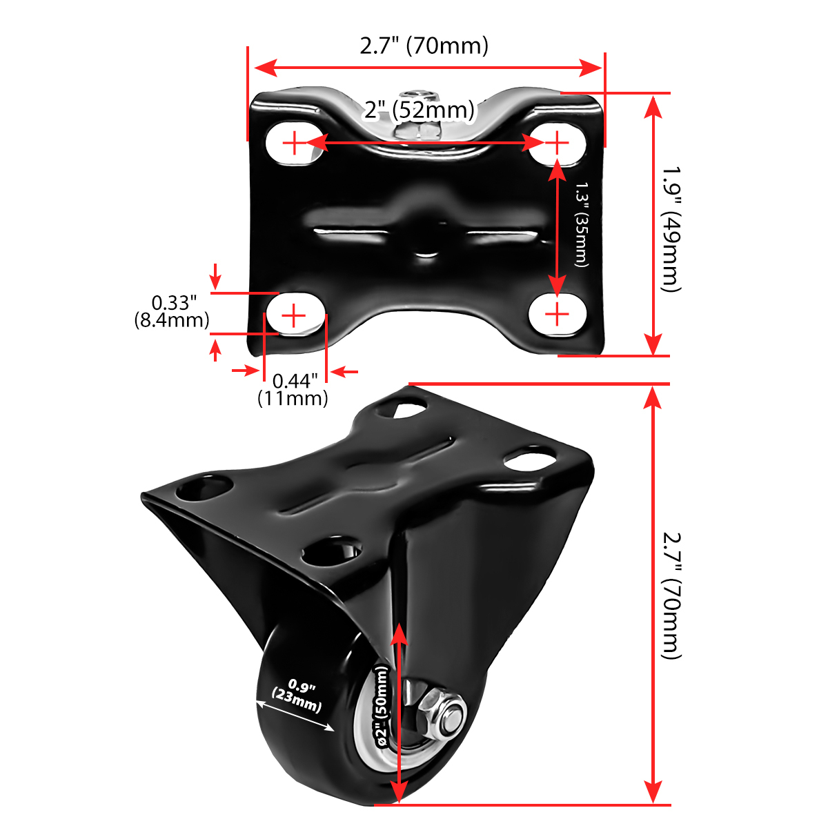 8 Pack 2 inch All Black PU Non Swivel Fixed Rigid Caster - Factor Duty