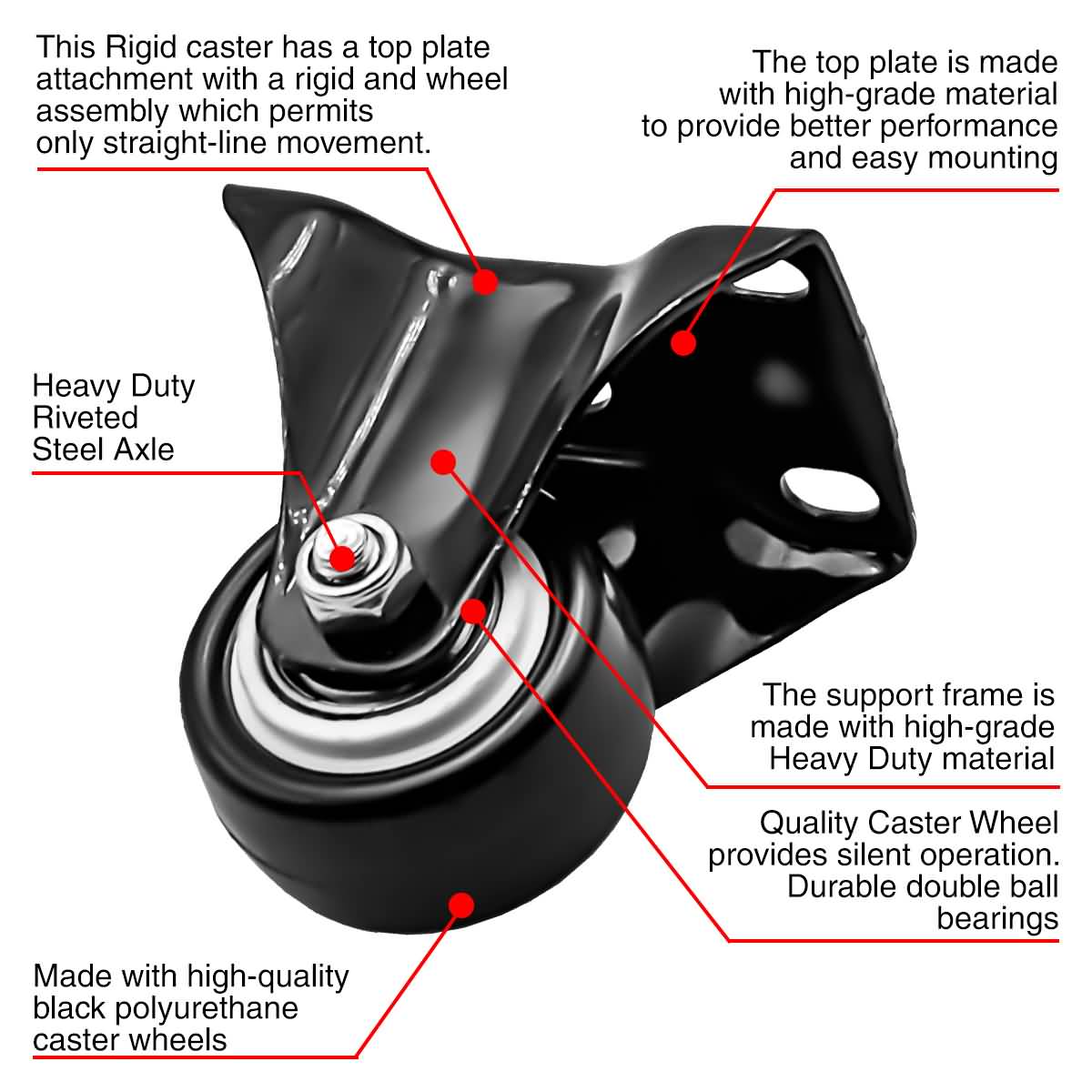 12 Pack 1.5 inch All Black PU Non Swivel Fixed Rigid Caster - Factor Duty