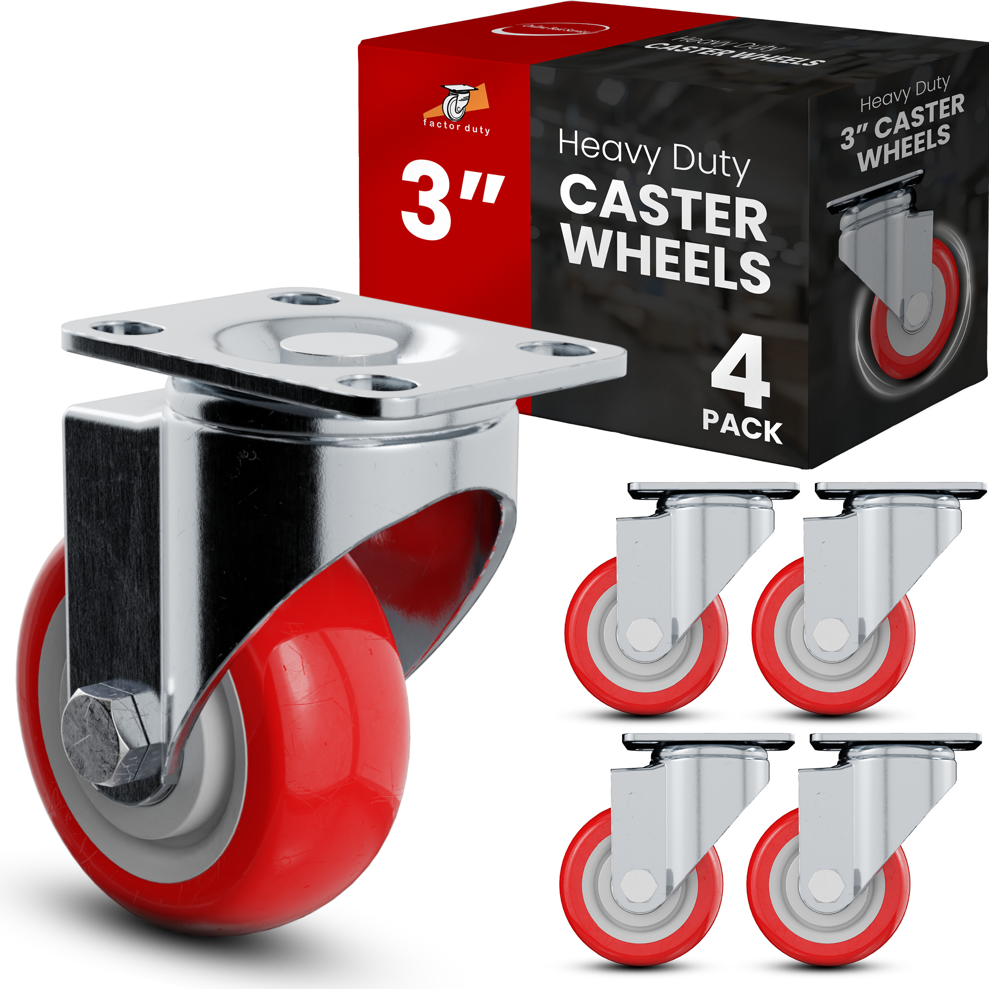 4 Pack 3 inch Red PU Swivel Caster No Brake - Factor Duty