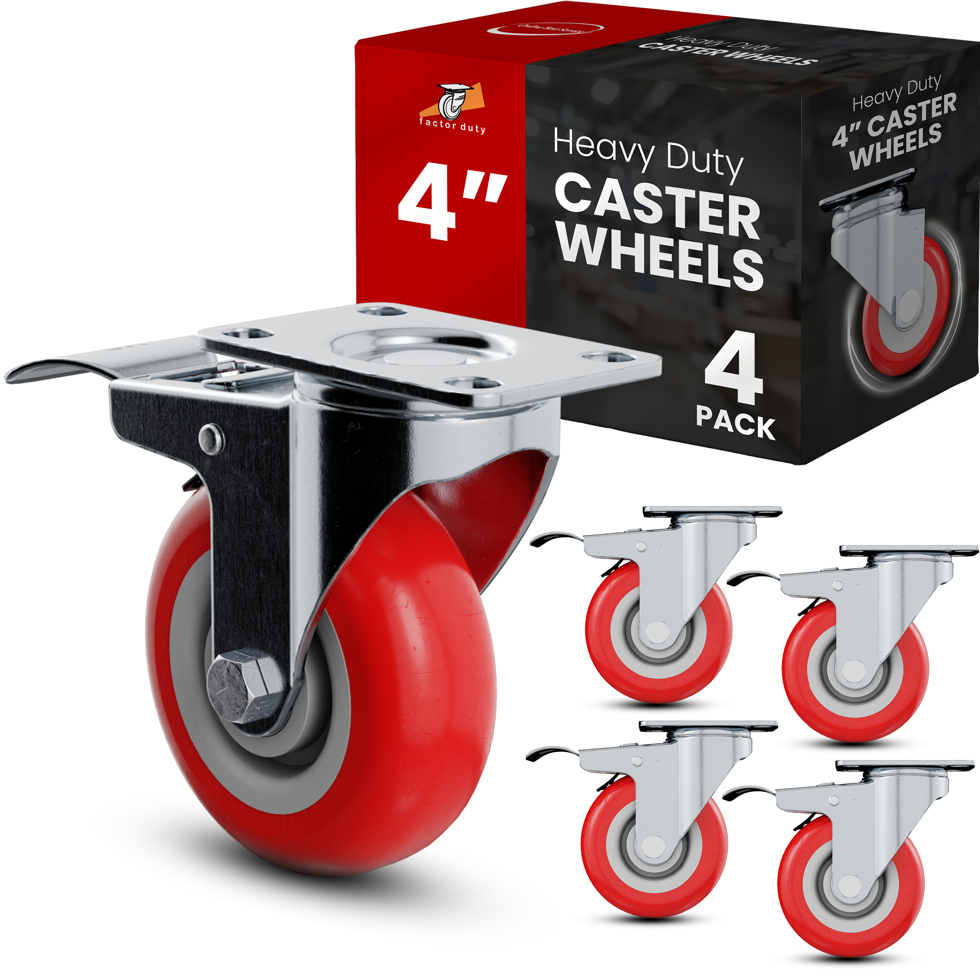 4 Pack 4 inch Red PU Swivel Caster With Brake - Factor Duty