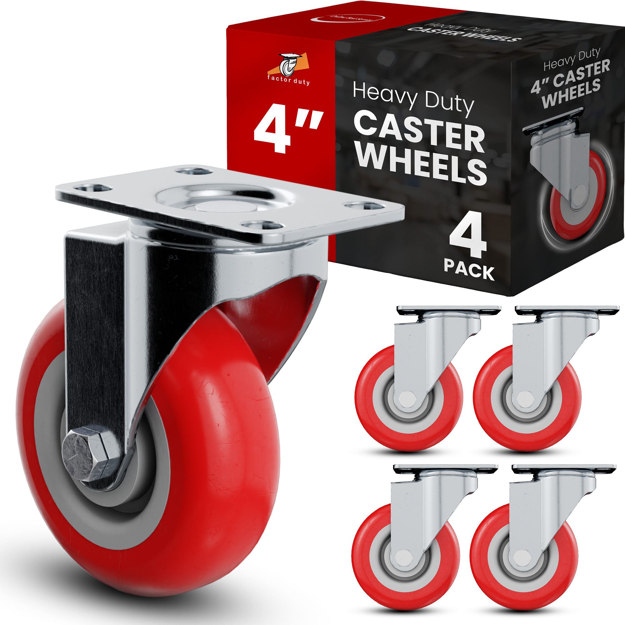4 Pack 4 inch Red PU Swivel Caster No Brake - Factor Duty