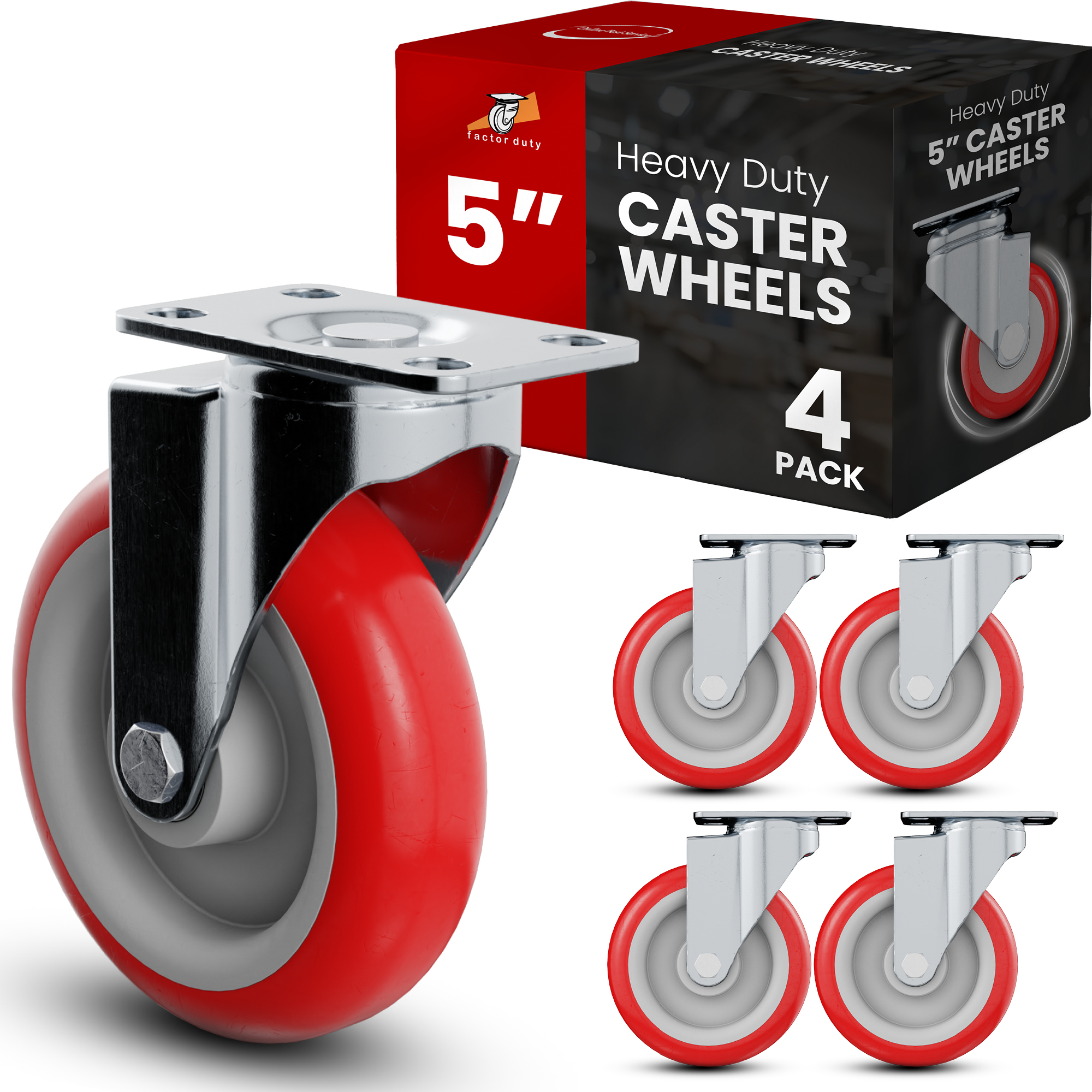 4 Pack 5 inch Red PU Swivel Caster No Brake - Factor Duty